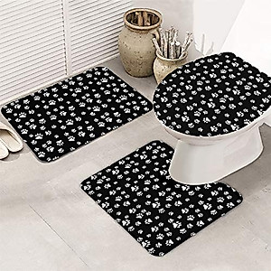 3 Pieces Bath Rugs Sets Cute Cat and Dog Footprint Paws Soft Non-Slip Absorbent Toilet Seat Cover U-Shaped Toilet Mat for Bathroom Decor Black and White