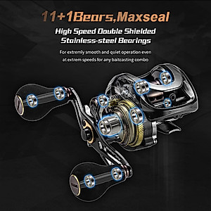 DOVIELLO HIAW200 Baitcaster Reels Low Profile Baitcaster Fishing Reel 11+1BB 5.4:1 Gear Ratio 21LB Drag Power Smooth Baitcasting Reels (5.4 Deep Spool Right Hand)