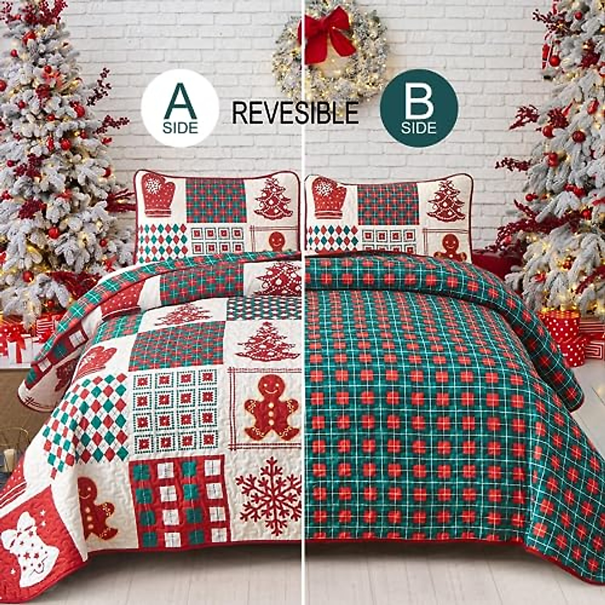 Christmas Quilt Set King,3 Pieces Reversible Christmas Tree Gloves Snowman Snowflake Pattern Bedspread Xmas Plaid Bedding Coverlet with 2 Pillowcases 104”x90”