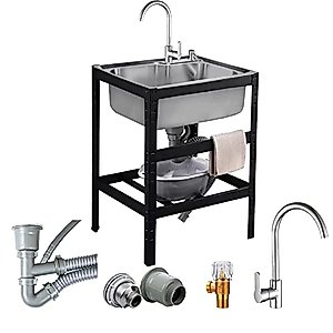 Utility Sink, Stainless steel commercial home kitchen sink, easy to install kitchen sink with hot and cold water faucet, water pipe, filter basket and other accessories. (Size : Length 22.8" Width 1