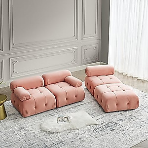 FANYE Pink Velvet Button Tufted L-Shaped Comfy Cute Sectional Sofa Couch DIY Combination w/3 Single Seats and Movable Ottoman, Modern Convertible Modular Sofa&Couch Cloud Deep Seater Sofá, 93"