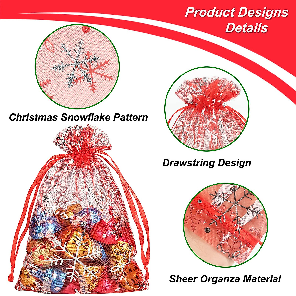 HRX Package 100pcs Snowflake Organza Bags Christmas 4x6 inch, Red Drawstring Mesh Gift Pouches for Jewelry Candy Party Favor