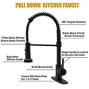 BESy Commercial Kitchen Faucet with Pull Down Sprayer, Solid Brass High-Arc Single Handle Single Lever Spring Rv Kitchen Sink Faucet with Pull Out Sprayer, 3 Function Laundry Faucet, Matte Black