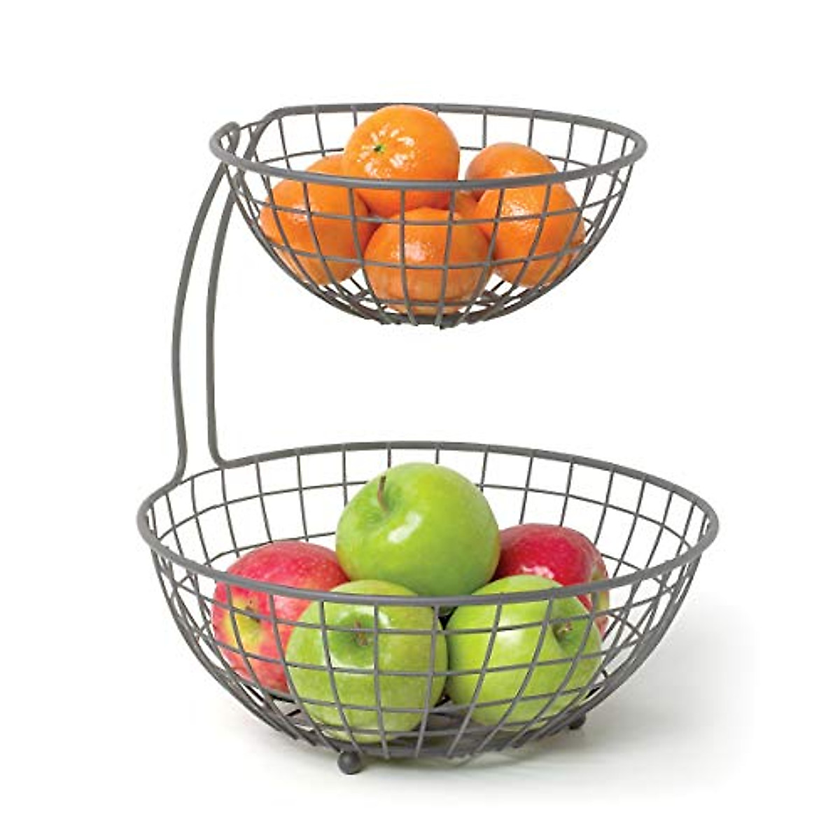 Spectrum Diversified Grid Arched 2-Tier Basket Server Bowls for Storage Organization and Display of Produce Vegetables and Fruit, Industrial Gray, Medium