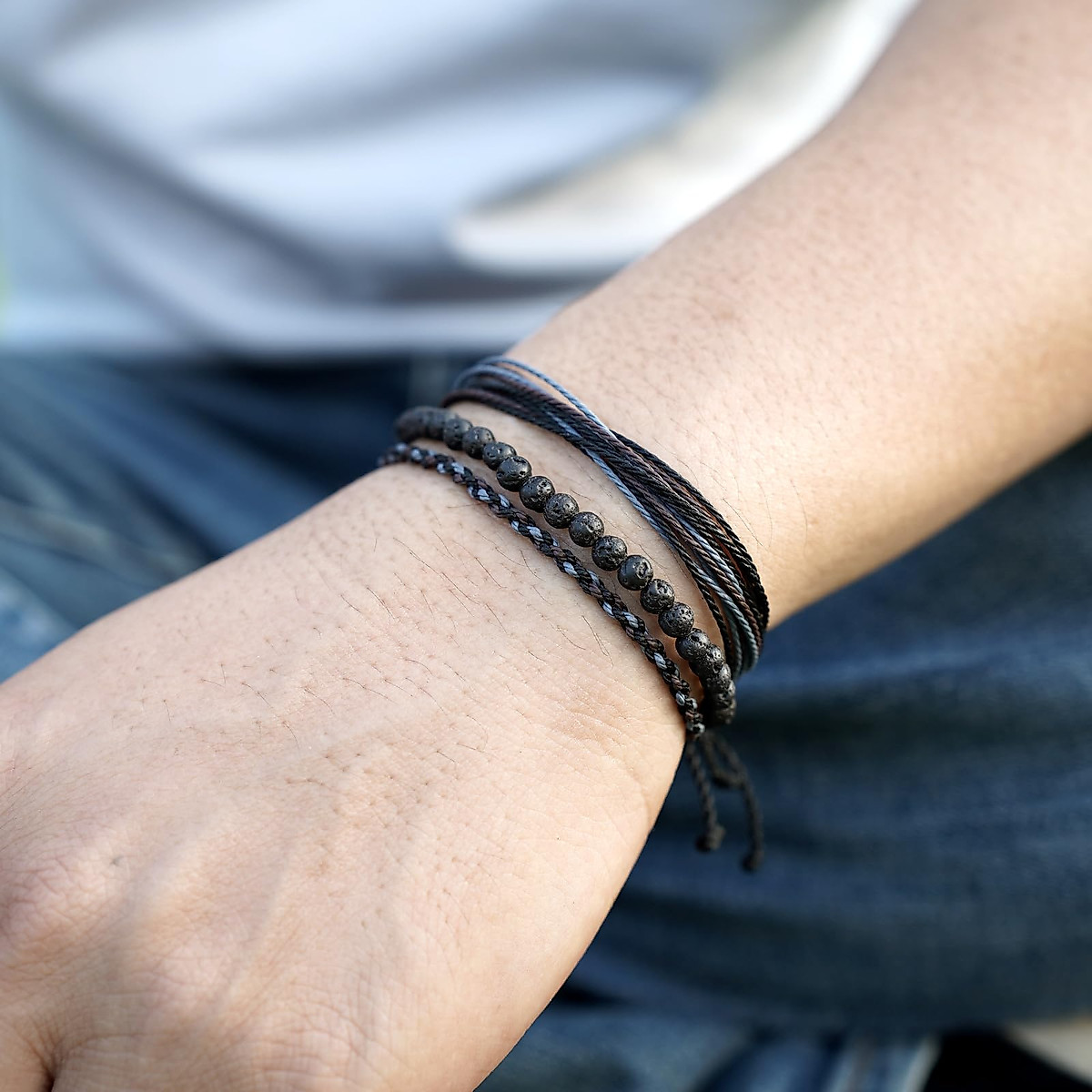 Handmade Natural Stone Beaded Healing Bracelet Gift for Men Adjustable Rope String Bracelet (Lava Rock, Adjustable)