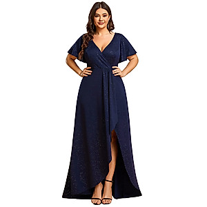 Ever-Pretty Plus Women's Plus Size Glitter A-Line Ruffle High-Low Summer Cocktail Dress with Sleeves Navy Blue US16