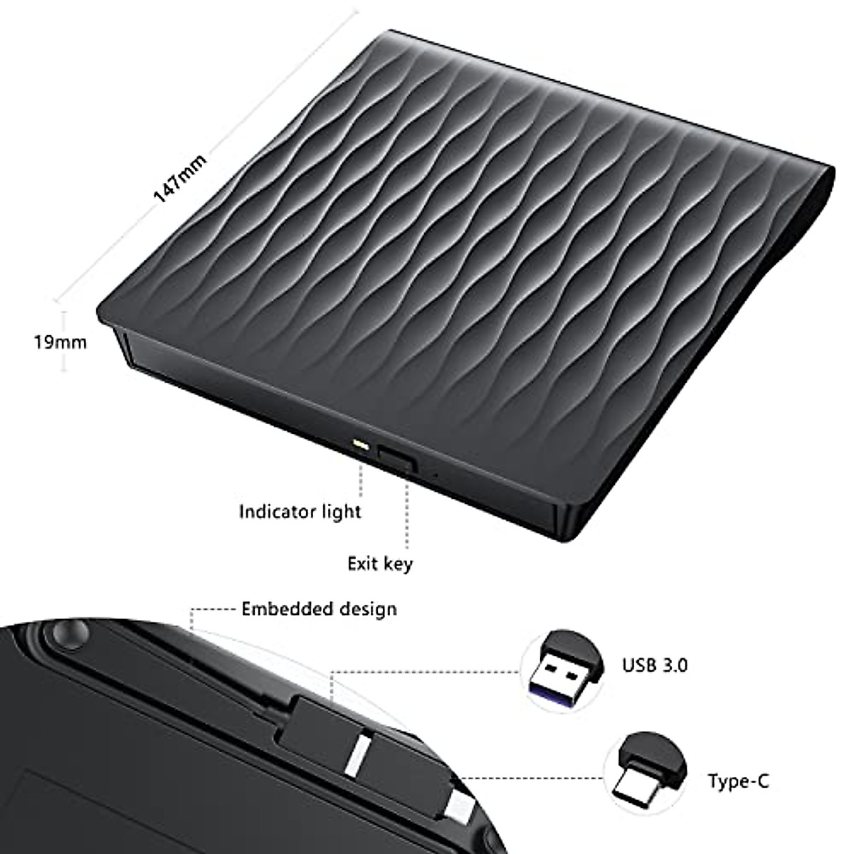 LPUNCD External CD/DVD Drive for Laptop USB 3.0 & Type-C，External CD DVD Burner CD/DVD+/-RW Rewriter for Laptop, Desktop, iMac, MacBook, Compatible with Windows 11/10/XP/8/7/Vista/Linux/MacOS, Black