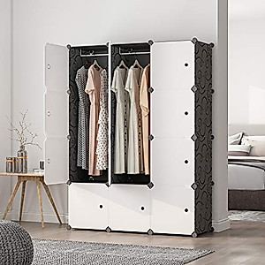 KOUSI Portable Wardrobe Closets 14"x18" Depth Cube Storage, Bedroom Armoire, Storage Organizer with Doors, 15 Cubes, Black