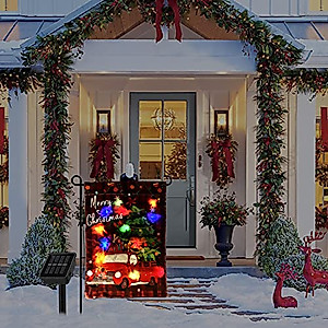 Led Christmas Garden Flag, NDLT Vertical Red Truck Lighted Flag with Solar Panel, Merry Christmas Double-Sided Oxford Cloth Seasonal Outdoor Flag for Winter Yard Garden Lawn Decoration(12x18 inches)