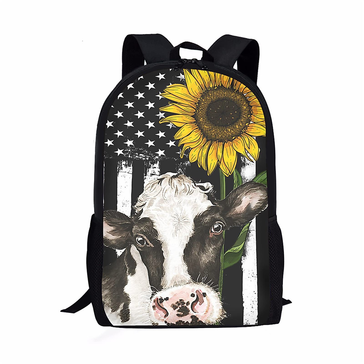Biyejit Sunflower Cow with American Flag Design Backpack for Kids School Book Bags Girls Rucksack Lightweight Bookbags