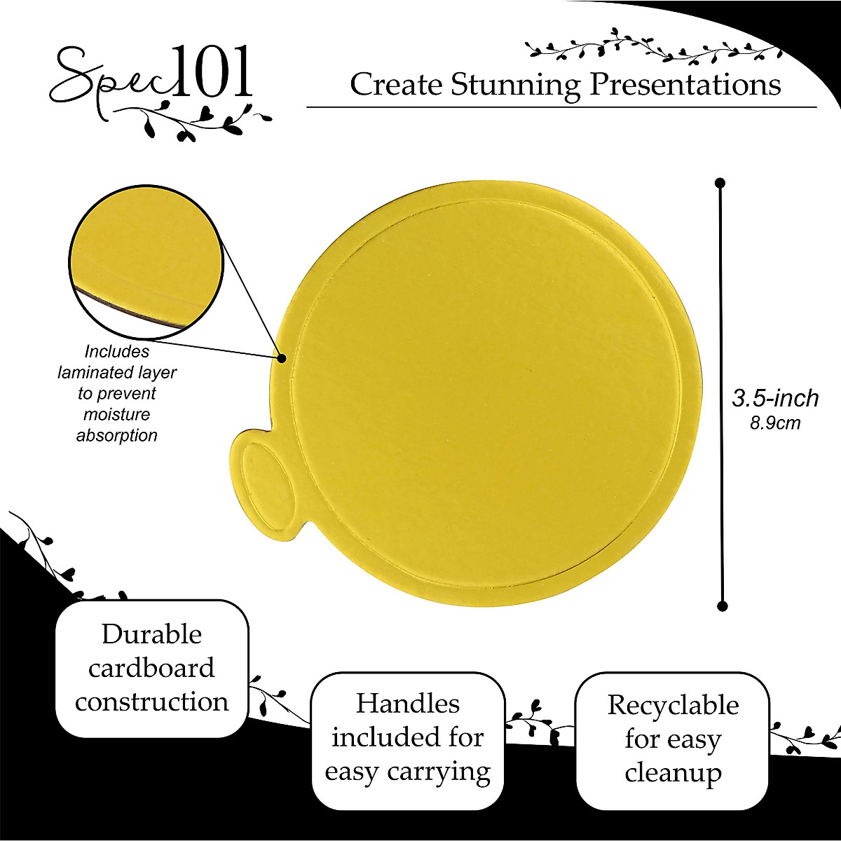 Spec101 Mini Round Cake Boards Bulk 100pk - 3.5 Inch Cake Drum Round Gold Cardboard Base Plates for Individual Serving