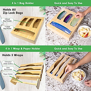Foil and Plastic Wrap Organizer - Zip Lock Bag Organizer Plastic Wrap Dispenser with Cutter – Premium Bamboo Plastic Bag Organizer with Paper Towel Holder – Easy Installation