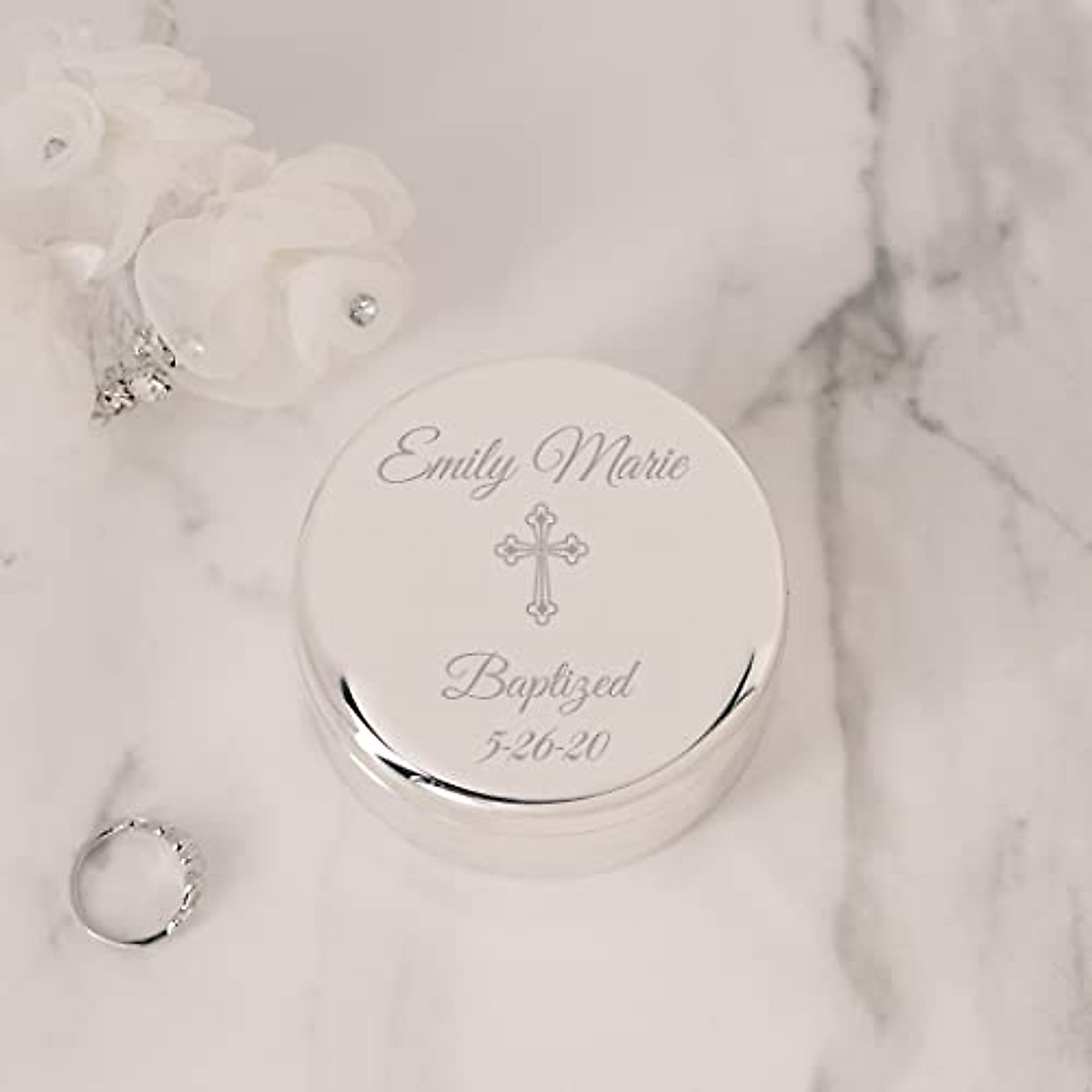 Cherished Moments Personalized Small Round Jewelry Keepsake Box that has Custom Engraved Cross and Message for Baby Baptism, Silver Toned