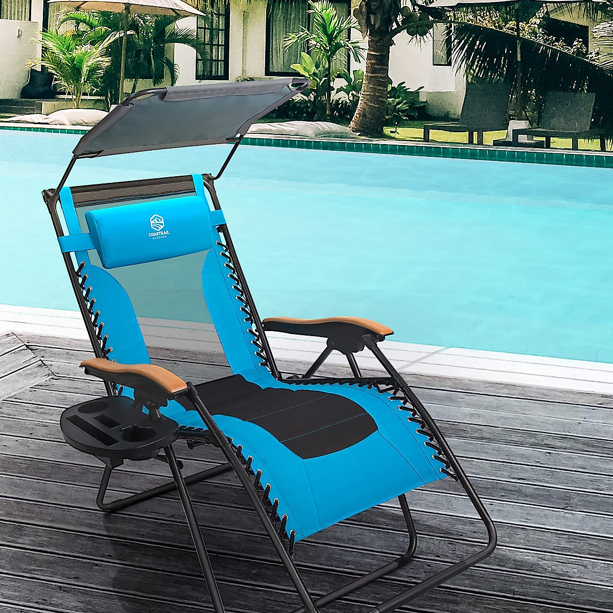 Coastrail Outdoor Zero Gravity Chair Reclining Lounger with Sun Shade, Padded Seat, Mesh Back, Pillow, Cup Holder & Side Table for Sports Yard Patio Lawn Camping, Aqua/Black