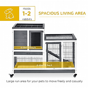 PawHut Wooden Rabbit Hutch Elevated Bunny Cage Indoor Small Animal Habitat with Enclosed Run with Wheels, Ramp, Removable Tray Ideal for Guinea Pigs, Grey