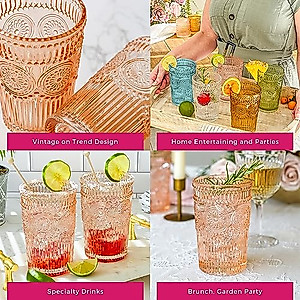 Vintage Textured Rose Gold Striped Drinking Glasses Set of 6, (13 oz) Ribbed Glassware Set | Cocktail Set, Ice Tea Glasses, Juice Glass, Water Cups