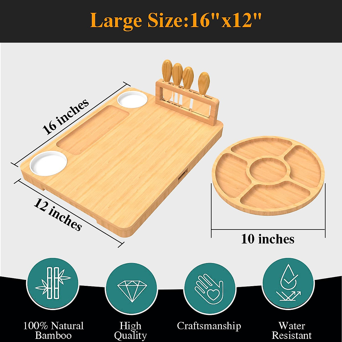Large Bamboo Cheese Board Charcuterie Boards Set - Include Serving Platter Round Fruit Tray, Perfect House Warming Gift Anniversary and Wedding Gift