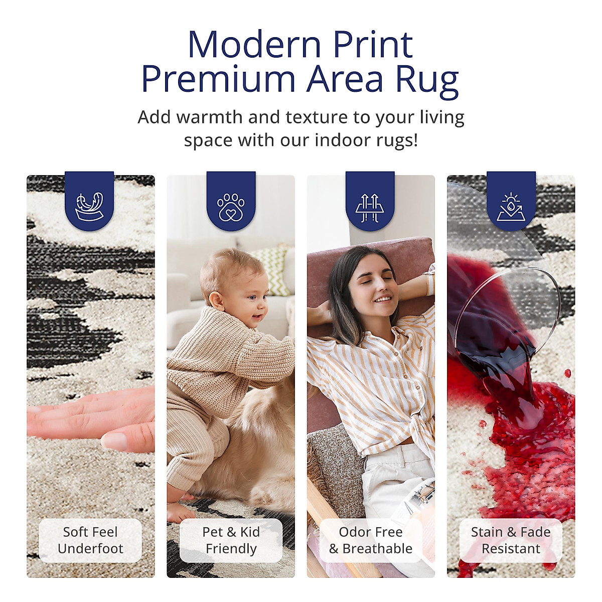 Abani Terra Cream Area Rug for Living Room, Bedroom - Black Abstract Pattern - 8' x 10' - Durable & Easy to Clean