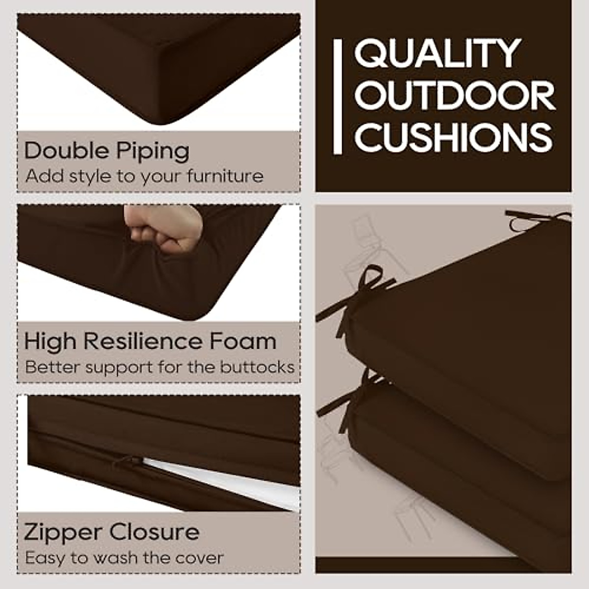 LOVTEX 19x19 Outdoor Chair Cushions Set of 2, Waterproof Patio Cushions for Outdoor Furniture with Removable Cover, Thick Outdoor Seat Cushions for Chairs with Straps and Portable Handle(Brown)