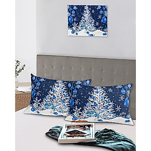 Hokiten Standard Size Pillow Cases Set of 2 - Christmas Tree, Microfiber Soft Pillowcases with Envelop Closure, Blue Fantasy Snowflake Xmas Ball Lumbar Pillow Cover for Sofa/Couch, 20x26 Inches