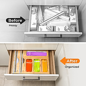 Bag Storage Organizer and Wrap Dispenser with Cutter for Kitchen Drawer, Bamboo Bags Compatible Foil, Wax, Ziploc Gallon, Quart, Sandwich Snack Variety Size 12'' Rolls, 1.0 Count, (Pack of 1)