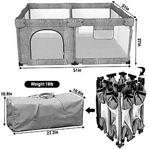 PATYWAGA Foldable Baby Playpen,Collapsible Playpen for Babies and Toddlers, Extra Large Foldable Playpen for Baby with gate, Baby Activity Center with Fence, Indoor & Outdoor Travel Play Pen (51"×51")