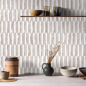 Vamos Peel and Stick Backsplash Seamless Tile for Kitchen and Bathroom,White and Beige Slate PVC Mixed Light Gold Self Adhesive Fish Scale Metal Mosaic Tiles (10 Sheets)