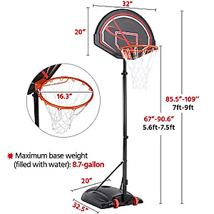 Yaheetech 32" Portable Basketball Hoop Goal System 7-9ft Height Adjustable Polyethylene Backboard for Indoor/Outside w/Sturdy Rim & Wheels