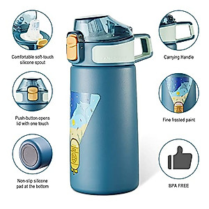 Kids Water Bottle 16 oz Stainless Steel 18/10 Vacuum Insulated Water Bottle Wide Mouth Flask with Leak proof Straw Lid for School Blue