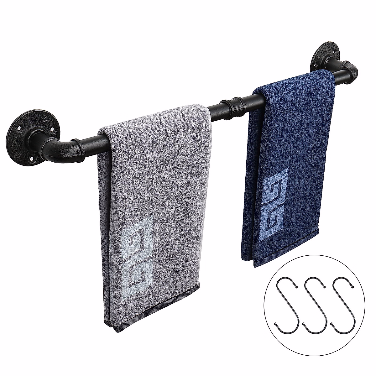 NearMoon Industrial Pipe Towel Bar, Heavy Duty Bathroom Hardware Towel Holder Accessory, Wall Mounted DIY Rustic Iron Bathroom Towel Rack Holder (24 Inch, Black)