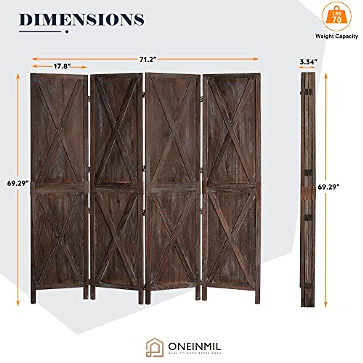 oneinmil Room Divider, 5.8 Ft Tall Folding Privacy Screens Room Divider, 4 Panel Wood Freestanding Partition Wall Dividers, Rustic Barnwood, Brown