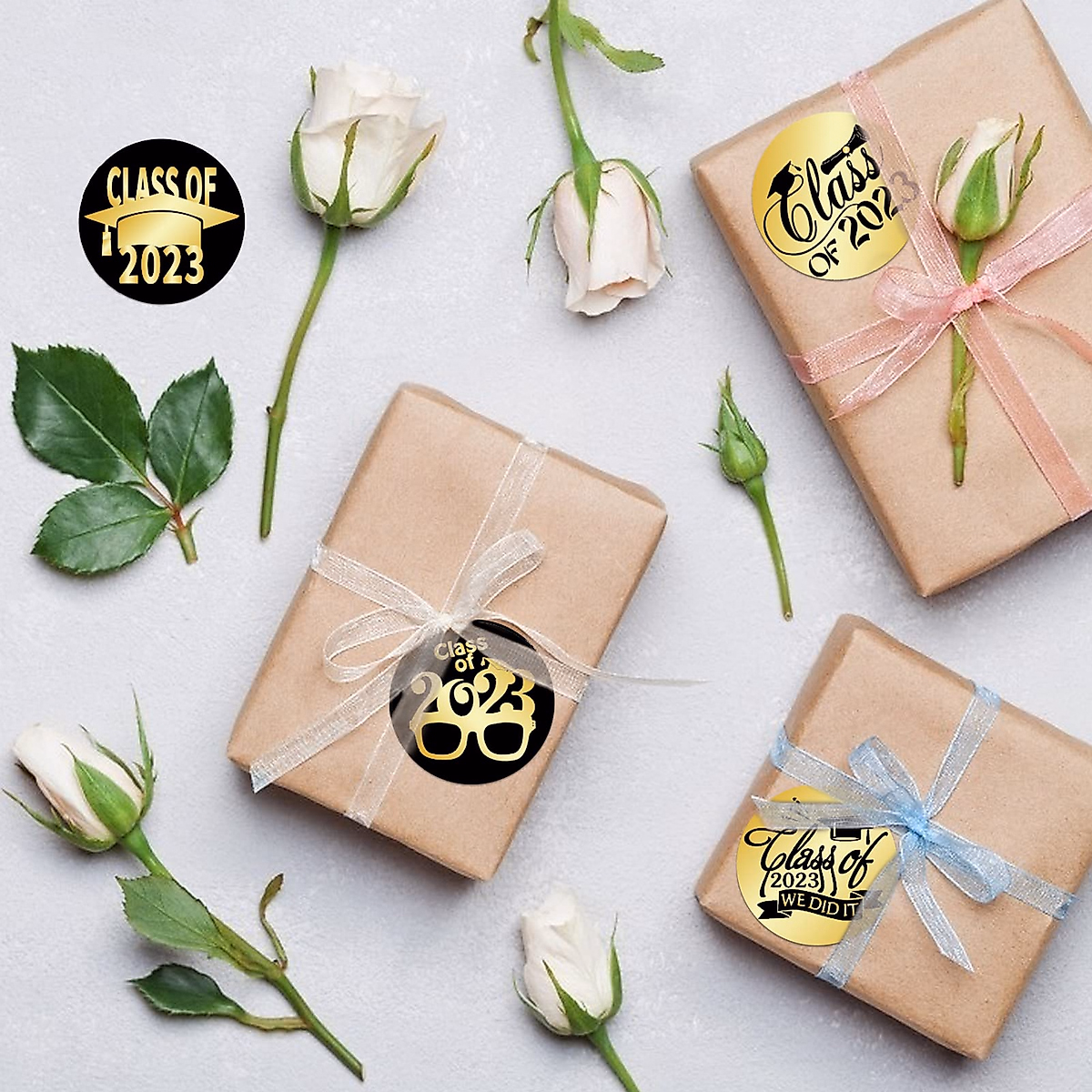 2023 Graduation Stickers, 240 Pieces Class of 2023 Grad Circle Stickers, Graduation Envelope Seals Candy Label Stickers (12 Design) - Black Gold