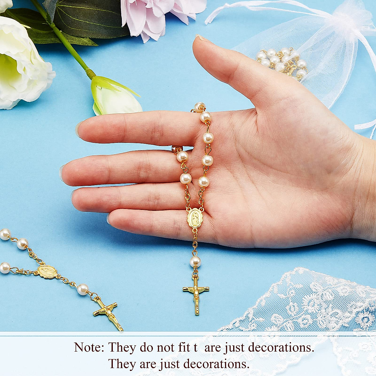 Hicarer 12 Pieces Mini Rosary Baptism Rosary Acrylic Rosary Beads Finger Baptism Rosaries Faux Pearls for Baptism Favors Christening Favors Communion Favors Weddings Party Favors (White)