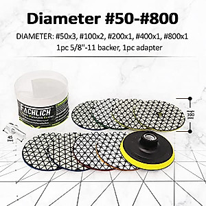 FACHLICH Dry Diamond Polishing Pads 10pcs/kit 4" Mixed Grits for Granite Marble Quartz Stone Countertop Sanding Grinder or Polisher Pads