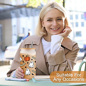 Halloween Cups Mugs Pumpkin Ghost 16Oz Iced Coffee Glass Cups with Lids and Straws Cute Halloween Gifts for Women Kids Teens Adults Spooky Gifts for Girls Boys Halloween Tumbler Fall Smoothie Cup