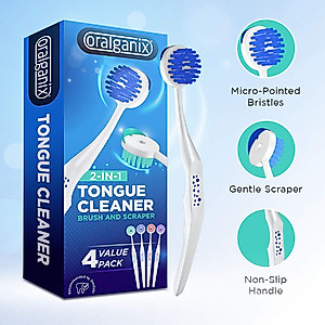 Oralganix 2-in-1 Tongue Cleaner - 4 Pack - Multicolor Tongue Brush and Scraper Tools