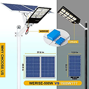 WERISE 500W Solar Street Lights Outdoor, Dusk to Dawn Solar Led Outdoor Light with Remote Control, 6500K Daylight White Security Led Flood Light for Yard, Garden, Street, Playground