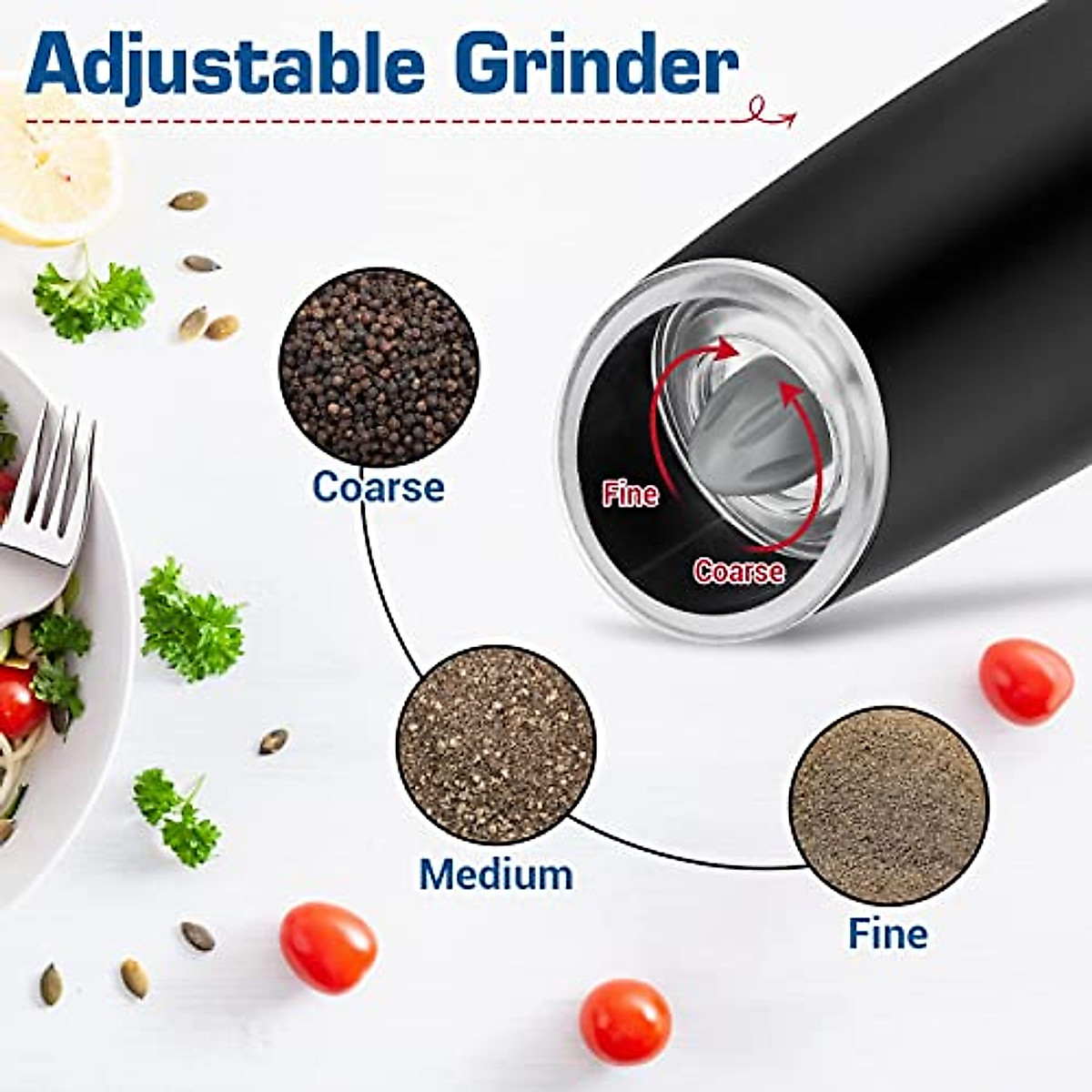 Gravity Electric Salt and Pepper Grinder Set, Joyfort Automatic Pepper Mill Grinder Battery Powered with Adjustable Coarseness, Stainless Steel,Blue LED Light, Support One Hand Use, Black-2 Pack