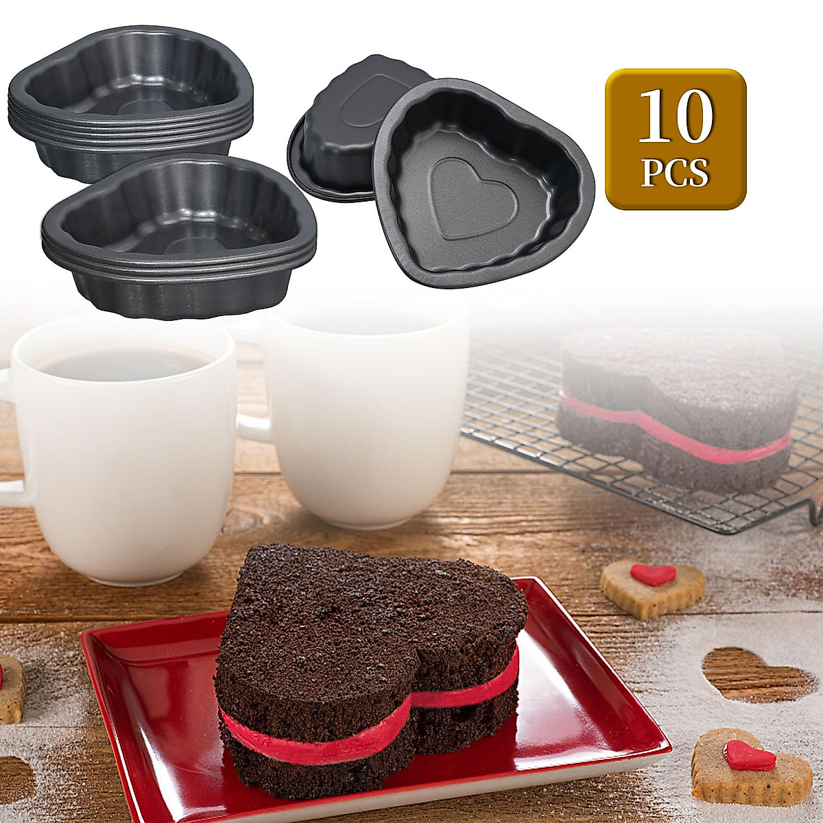 LIDSCURA 10 pcs Mini Fluted Tube Pan, 4 Inch Carbon Steel Fluted Cake Mold Cup with Flower Shape, Nonstick Cake Pan Mini Tube Oven Baking Mold for Cupcake, Bread, Bavarois, Brownie, Love Heart Shape