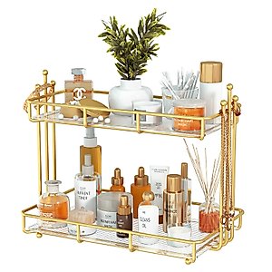 WELLFAST Bathroom Organizer Countertop Perfume Organizer Skincare Organizers 2 Tier Bathroom Tray Stainless Steel Gold Shelf Acrylic Tray