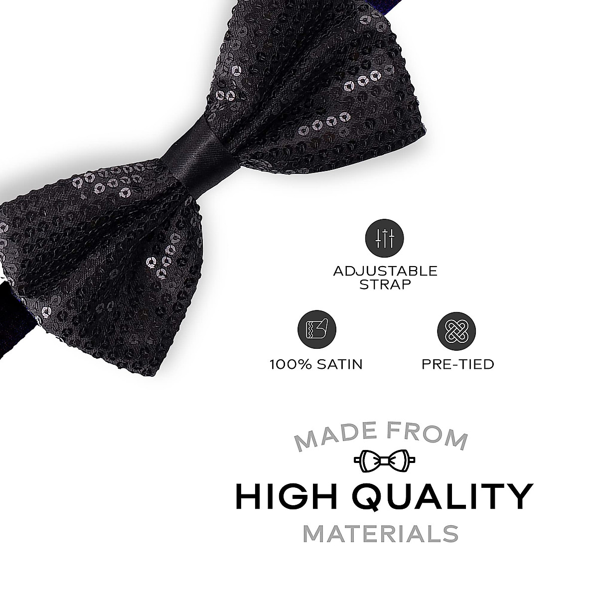 Man of Men Sequin Bow Ties for Men - Pre-tied Adjustable Length Bowtie, Many Colors to Choose From (Black)
