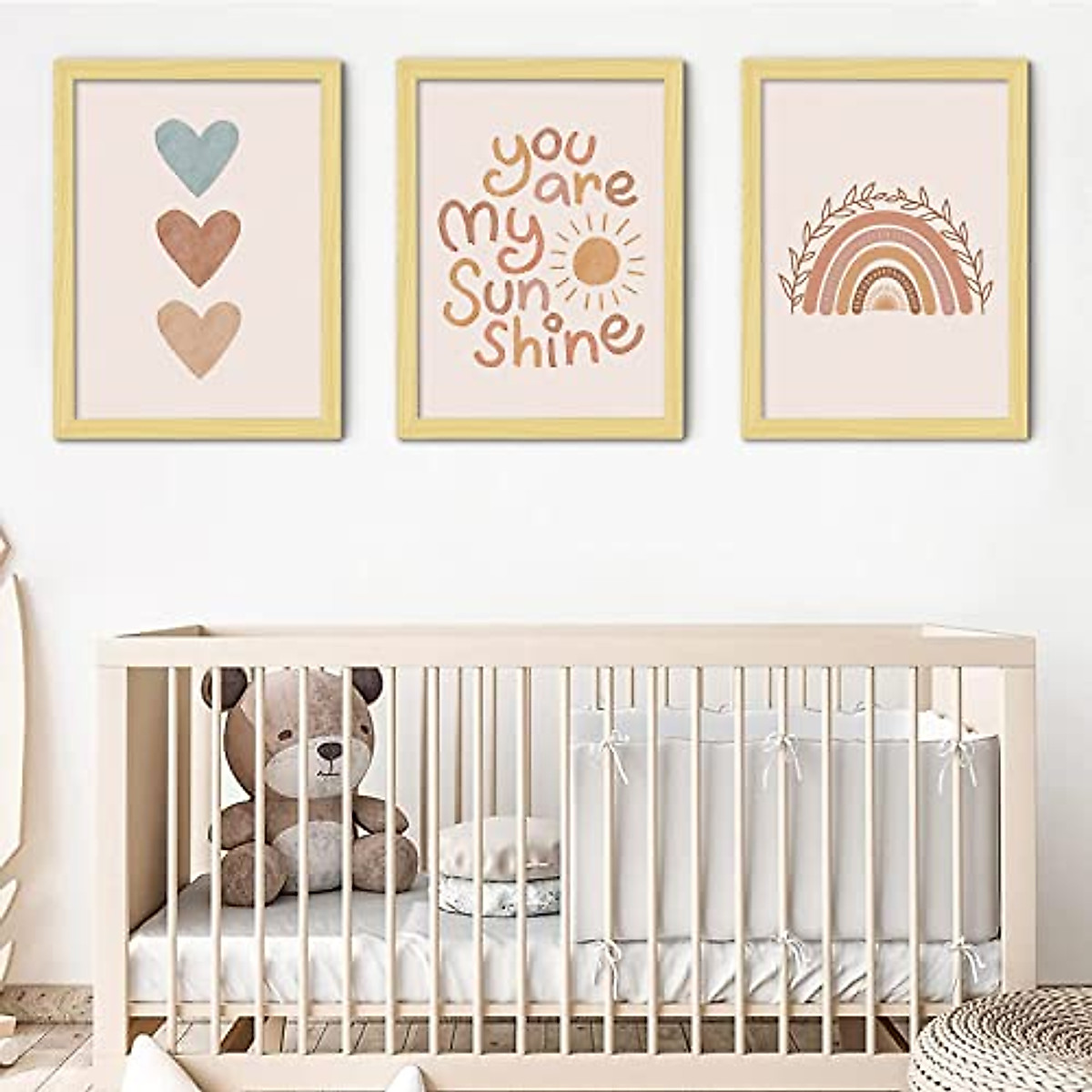 You Are My Sunshine Framed Wall Art Decor 3 Panel 12x16 Inch Heart Rainbow Nursery Boho Kids room Baby Girl Bedroom Decor for Nursery