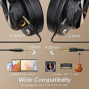 OneOdio A70 Bluetooth Over Ear Headphones, Wireless Headphones w/ 72H Playtime, Hi-Res, 3.5mm/6.35mm Wired Audio Jack for Studio Monitor & Mixing DJ Guitar AMP, Computer Laptop PC Tablet - Black