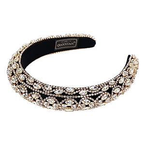 QIANXUAN Crystal Rhinestone Headbands For Women White Pearl Headbands For Girls Padded Headband Black Velvet Jewelry Chain Hairband Handmade Pearly Flower Retro Filling Diamond Hair Accessories