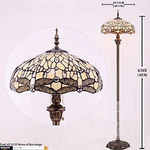 WERFACTORY Tiffany Floor Lamp Dragonfly Cream Stained Glass Standing Reading Light 16X16X64 Inches Antique Pole Corner Lamp Decor Bedroom Living Room Home Office S139 Series
