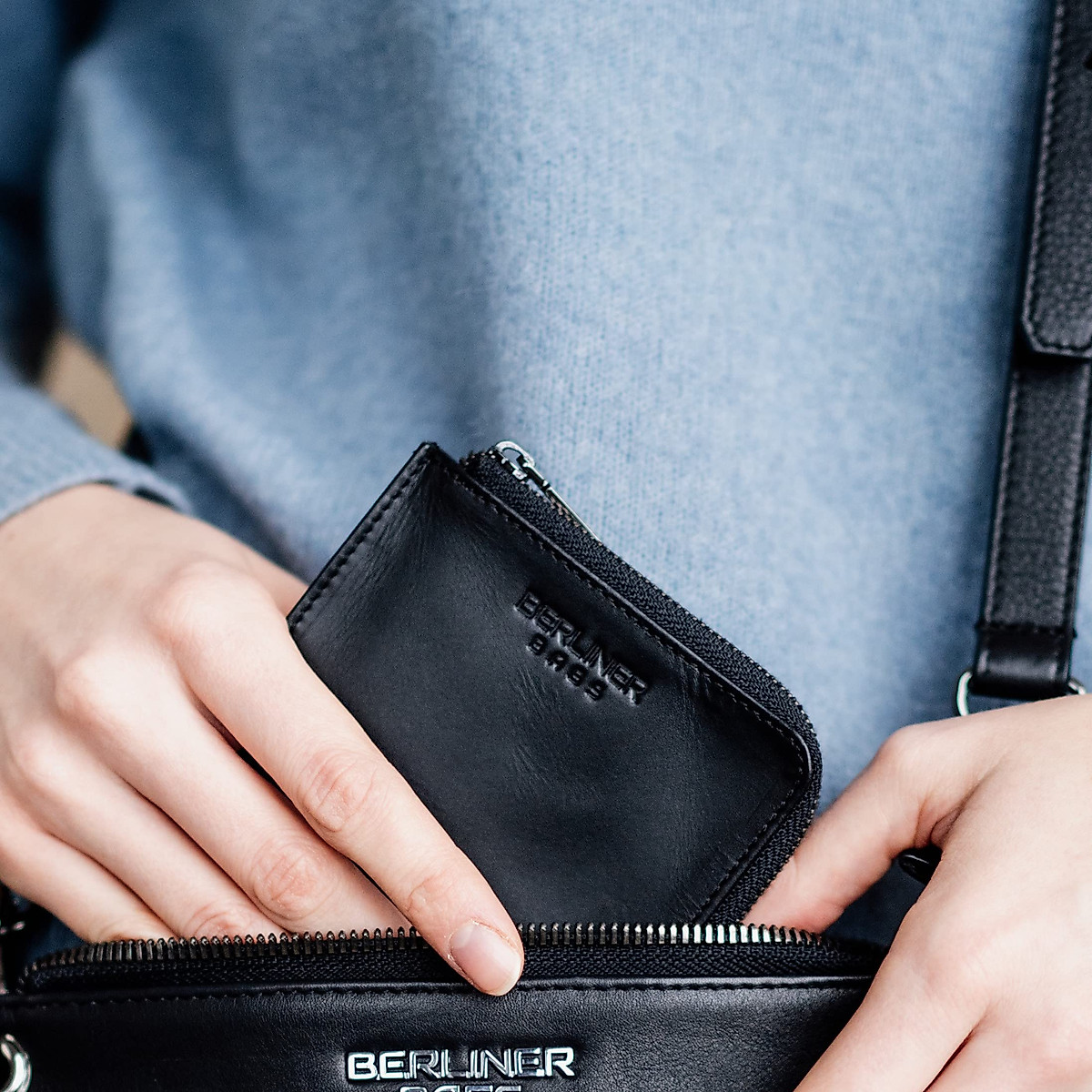 BERLINER BAGS Premium Mini Wallet Mark Flat Purse with Zipper Genuine Leather Small Case Ladies Men Thin Slim (Brown)