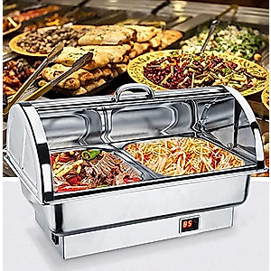 Food Warmer, Chafing Dish Stainless Steel Chafing Dishes, 9L Buffet Server, Catering Food Warmers with 90° Half Clamshell for Parties, Buffets, Adjustable Temperature (1/2 Size Foo
