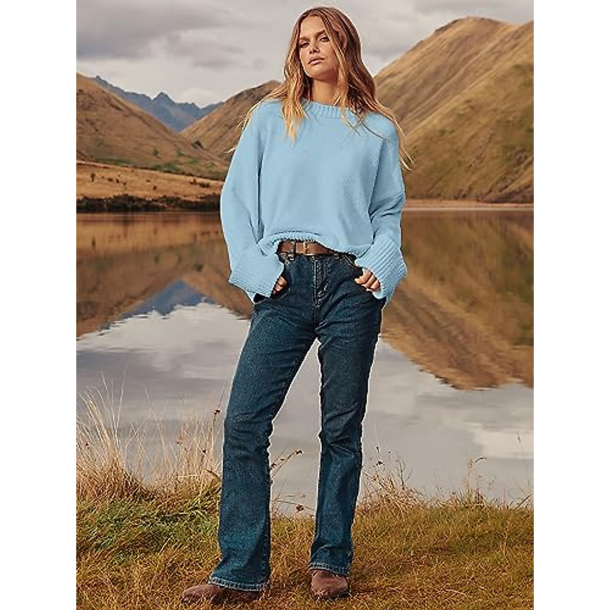 ANRABESS Women's Oversized Crewneck Long Sleeve Fuzzy Knit Casual Chunky Warm 2025 Fall Pullover Sweaters Top Trendy Outfits Blue X-Large