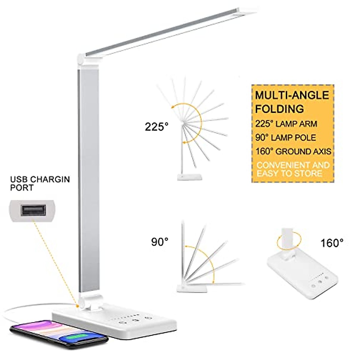 Led Desk Lamp, HMFUNTM Desk Lamp with USB Charging Port, 5 Color Modes, 10 Brightness, Natural Light, Eye Caring Reading Lamp, Desk Light for Home Office, Table Lamp, Touch Control, Auto-Timer, Silver