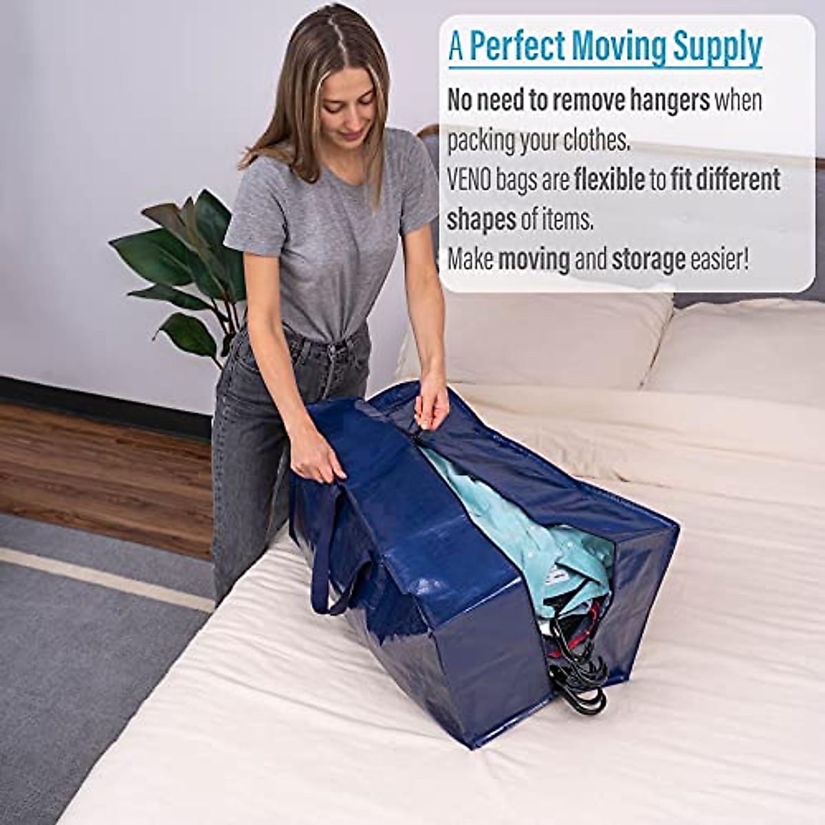 VENO 8 Pack Heavy Duty Extra Large Moving Bags W/Backpack Straps Strong Handles & Zippers, Storage Totes For Space Saving, Fold Flat, Alternative to Moving Box (Blue, 8 Pack)